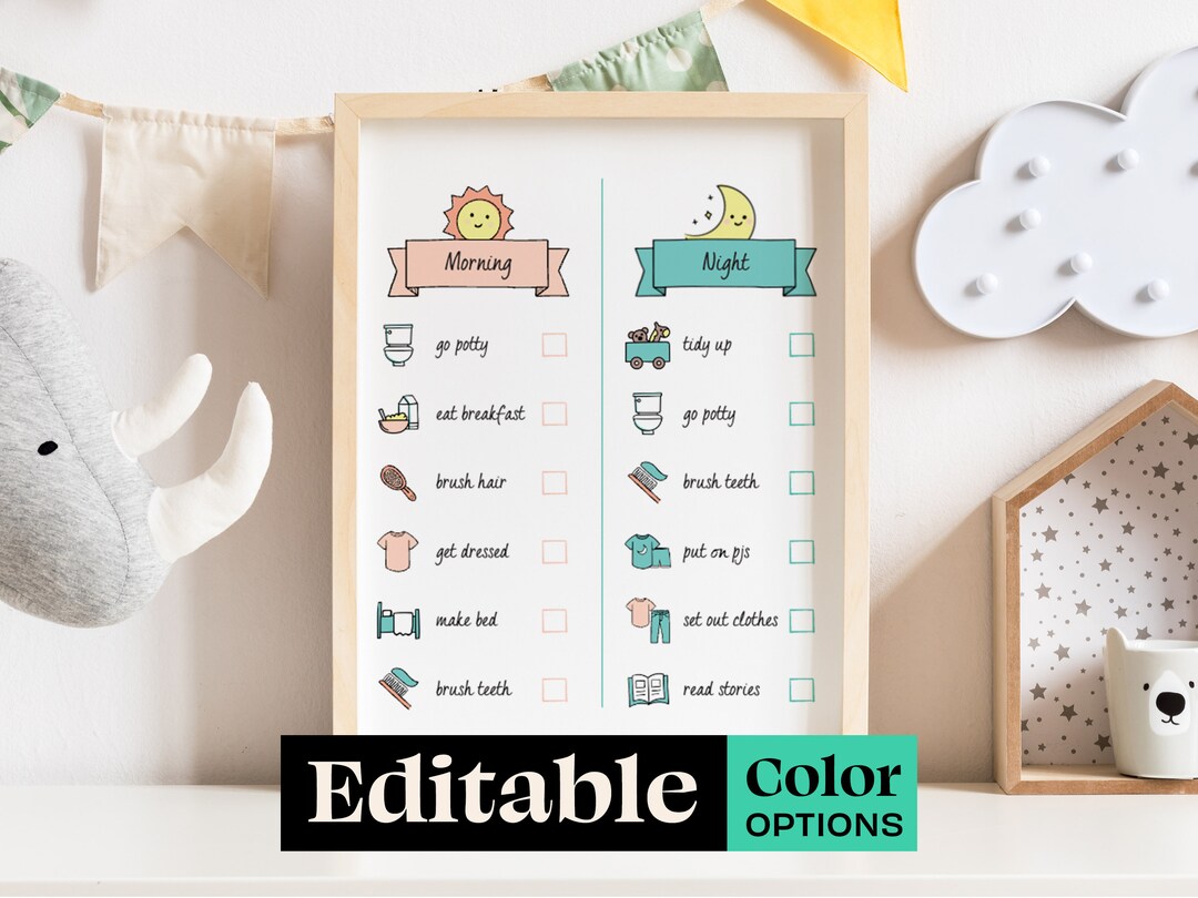 Kids Printable Chore Chart, Morning and Night Routine List, Editable ...