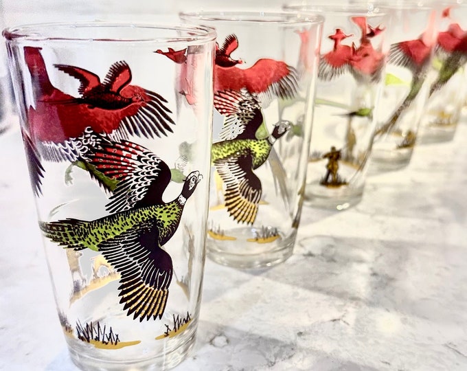 Vintage Tall Drinking Glass Hunting Tumblers, Fowl Hunting Bar Glasses ...