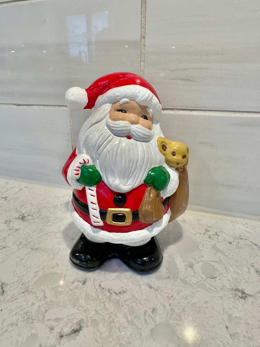 Vintage 1980 Ceramic Santa Clause, Santa W/ Candy Cane and Toy Baga ...