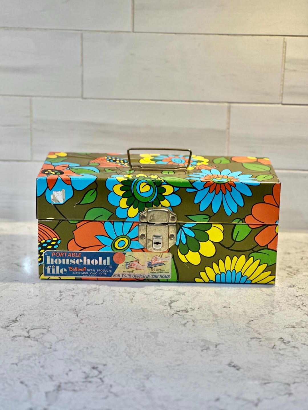 1970s RARE Tin Filing Box, Vintage Psychedelic Floral Household File ...