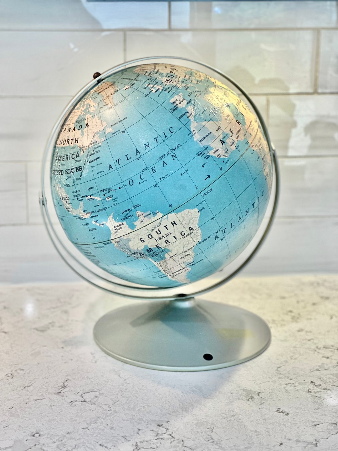 1960s Blue Natural Tones Globe With Encompassed Metal Frame, Vintage ...