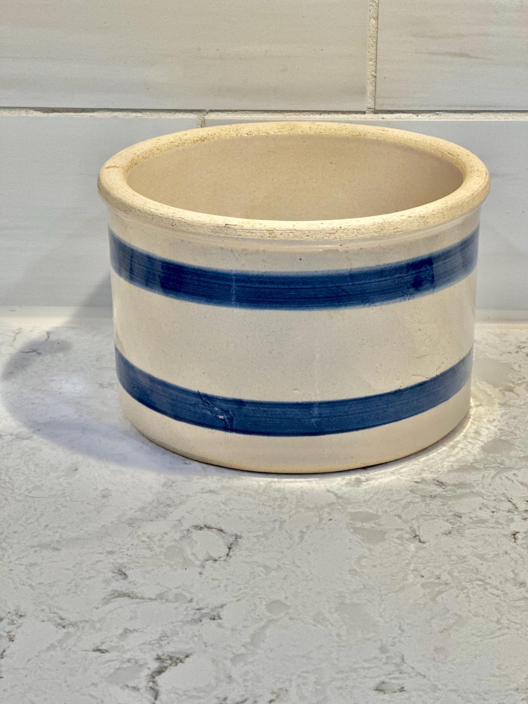 Antique Stoneware Crock, Vintage Small Crock With Blue Stripes, Vintage ...