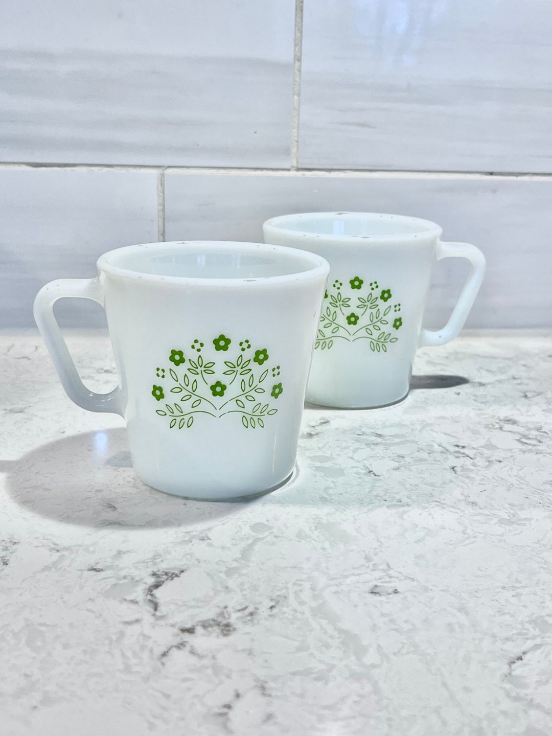 Vintage Pyrex Green Honeydew Milk Glass Mugs, Set of 2, White Milk ...