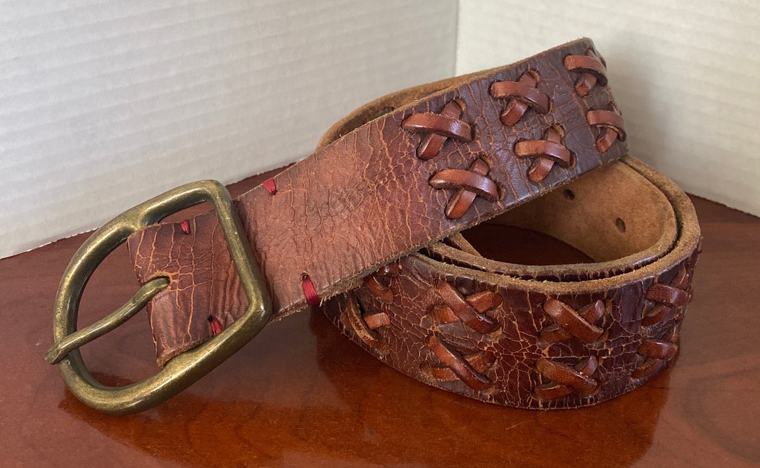 Vintage 90s Brown Distressed Leather Weaved Wide Belt Solid Brass Large ...