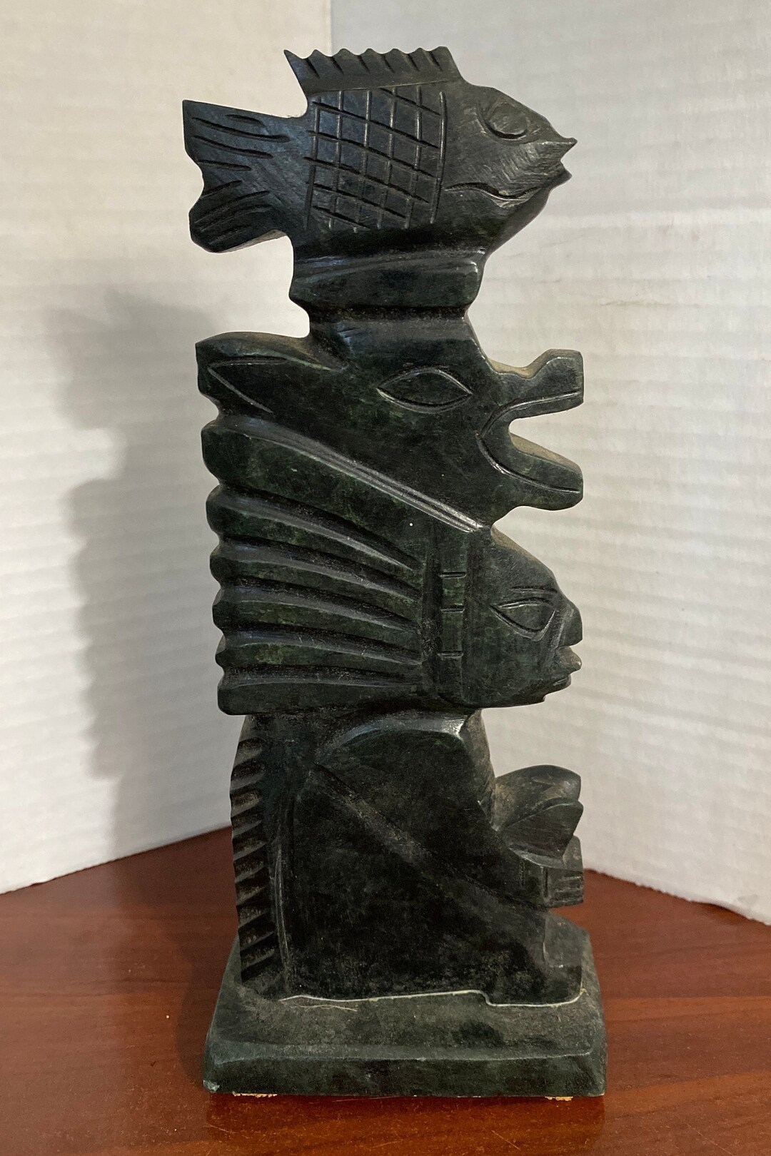 Vintage Aztec Inca Maya Handcrafted Totem Pole Green Solid Stone Statue ...
