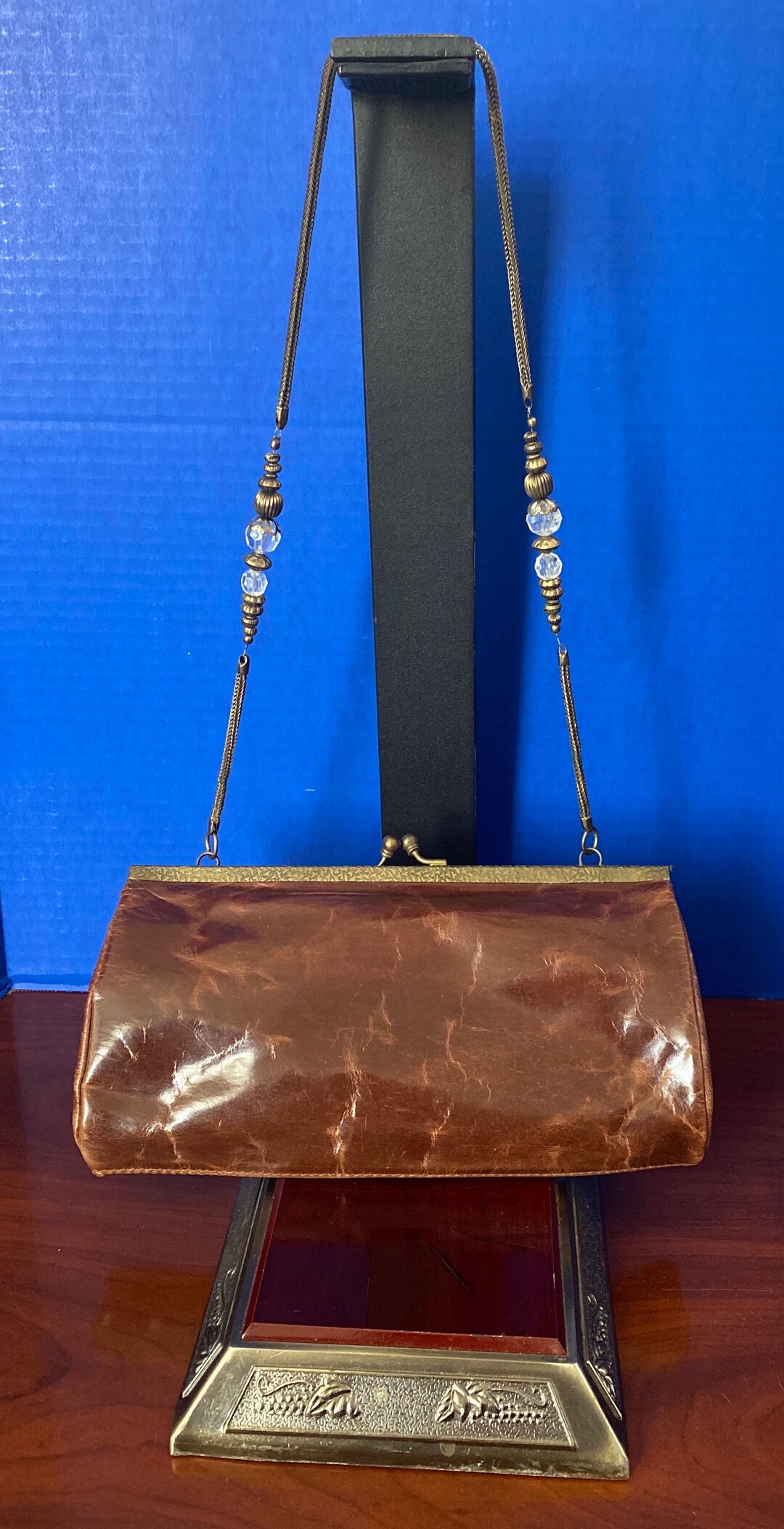Vintage Le Chic Brown Glossy Marble Leather Shoulder Bag Purse With ...