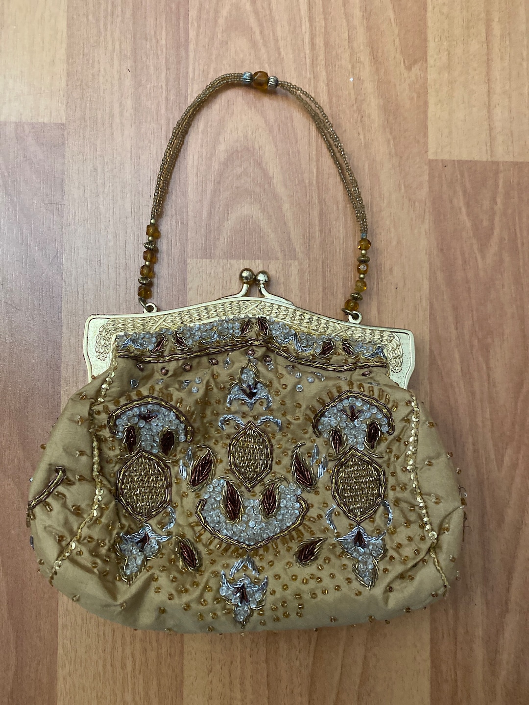 Christiana Small Gold Tone Pure Satin Hand Beaded Embellished Purse ...