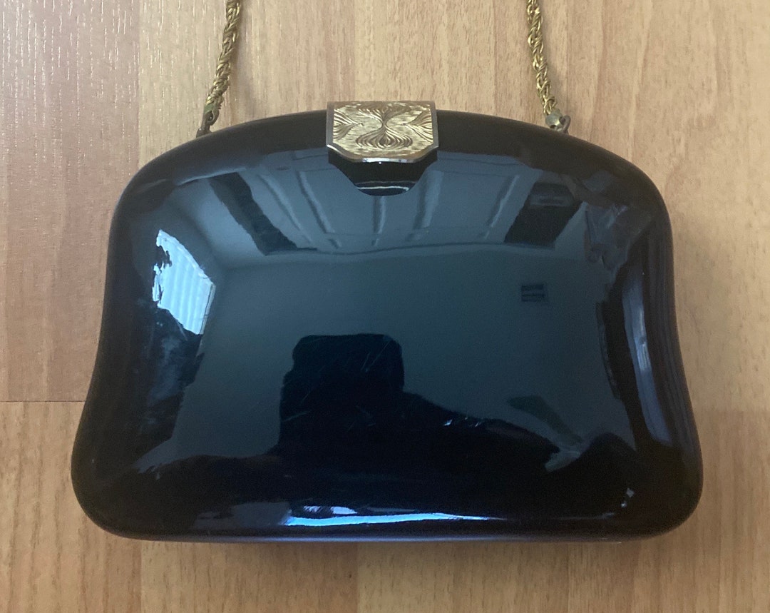 Vintage 1980s Elaine Elegant Evening Handbag Black Hard Shell Shoulder ...