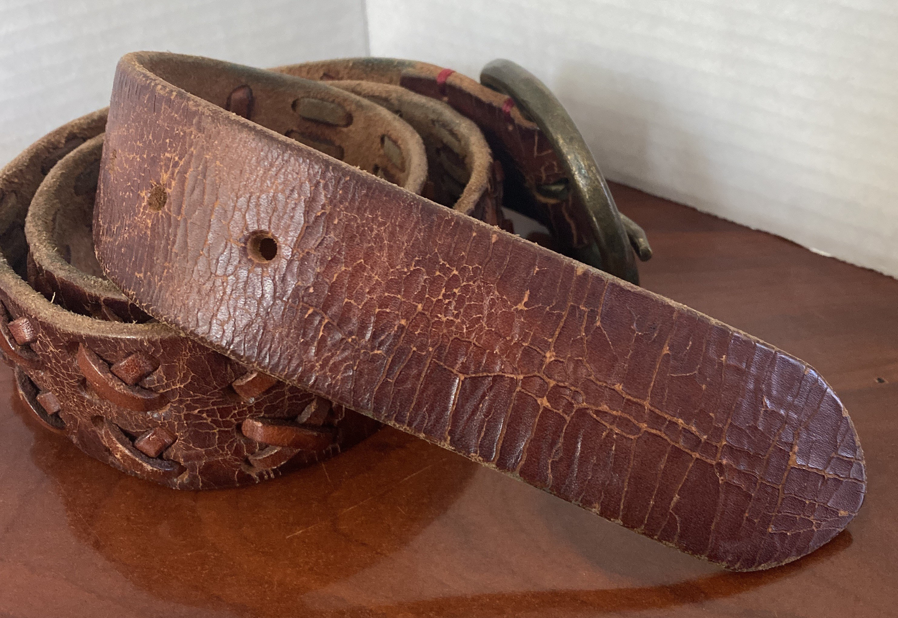 Vintage 90s Brown Distressed Leather Weaved Wide Belt Solid - Etsy