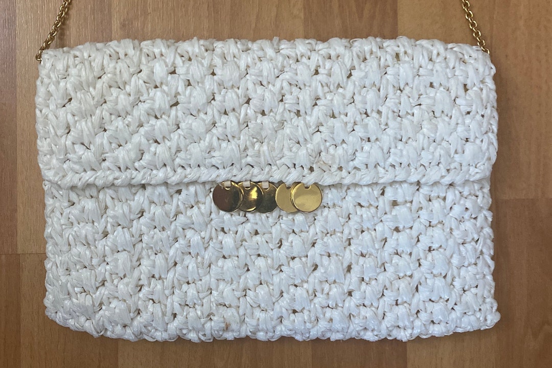 Vintage Rodo White Rafia Crochet & Leather Lining Crossbody Shoulder ...