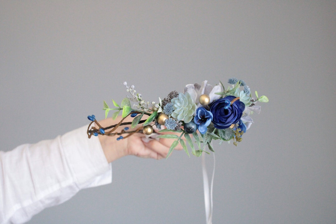 Navy Blue Flower Crown,flower Crown With Succulents,blue Floral ...