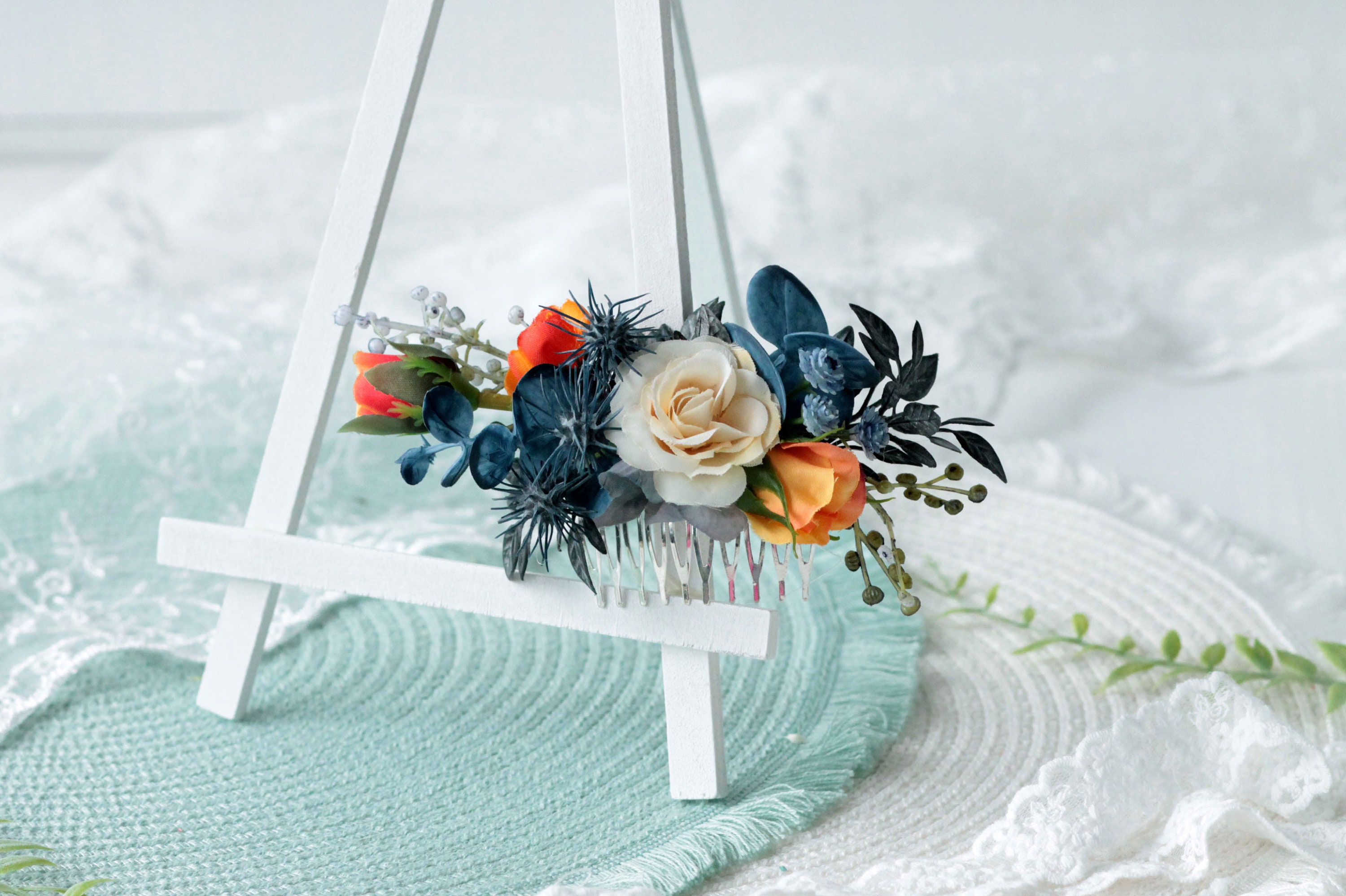 Orange blue flower combWoodland weddingWedding hair | Etsy