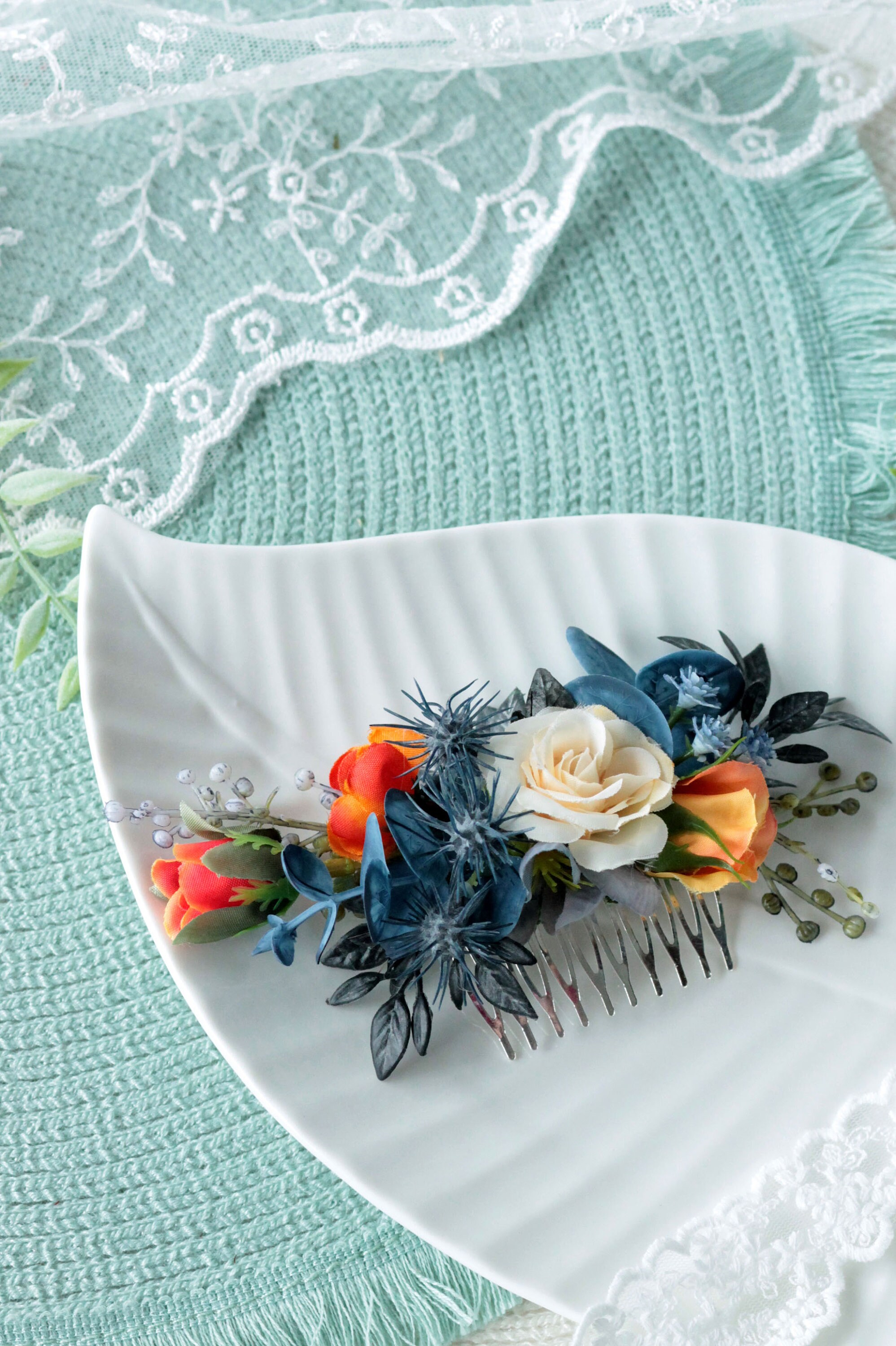 Orange blue flower combWoodland weddingWedding hair | Etsy