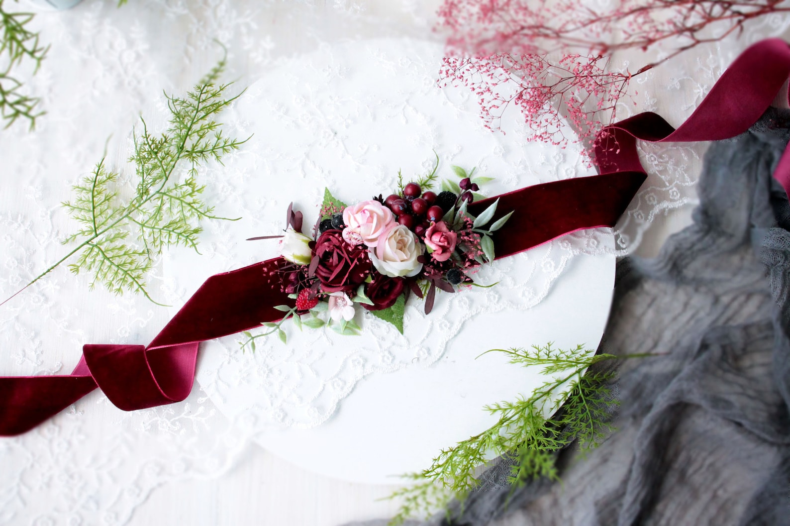 Burgundy blush pink flower beltBridal accessoriesWedding | Etsy