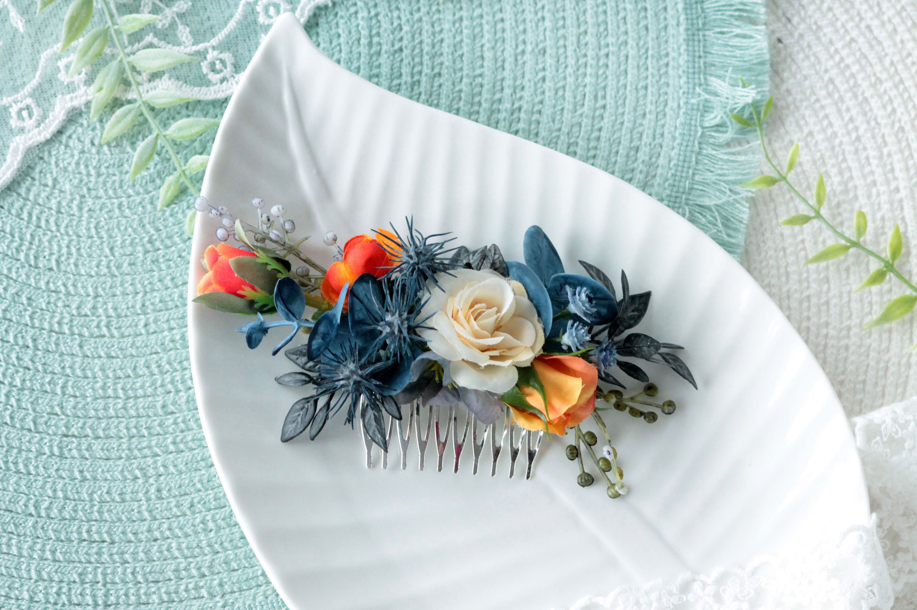 Orange blue flower combWoodland weddingWedding hair | Etsy