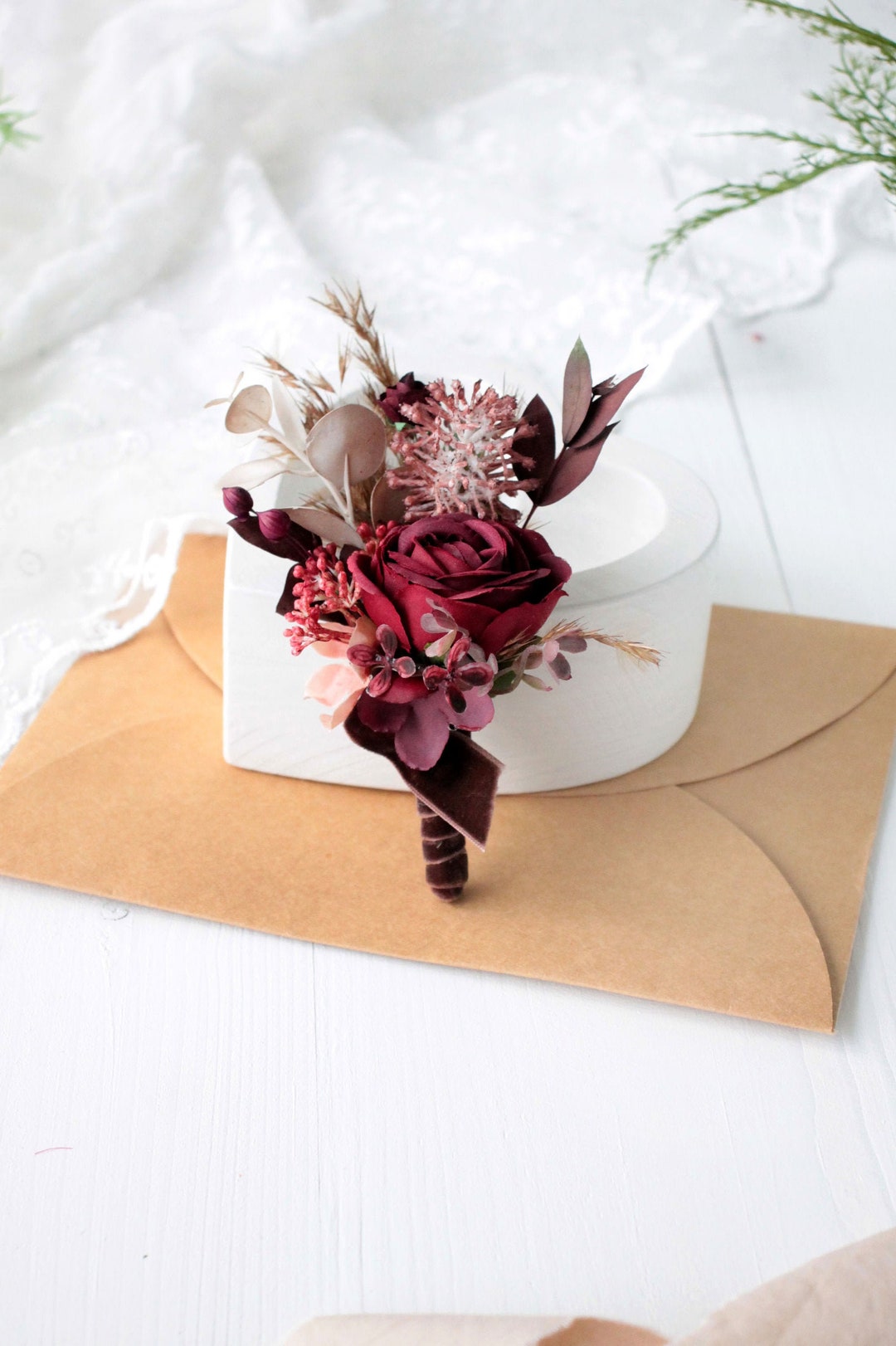 Burgundy Dried Flower Boutonniere, Boho Wedding Buttonhole, Groom ...