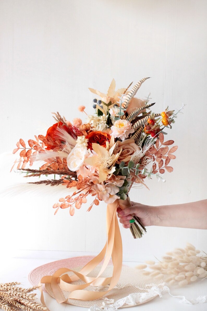 Boho Dried Flower Bouquetboho Bouquetorange Rust Peach - Etsy