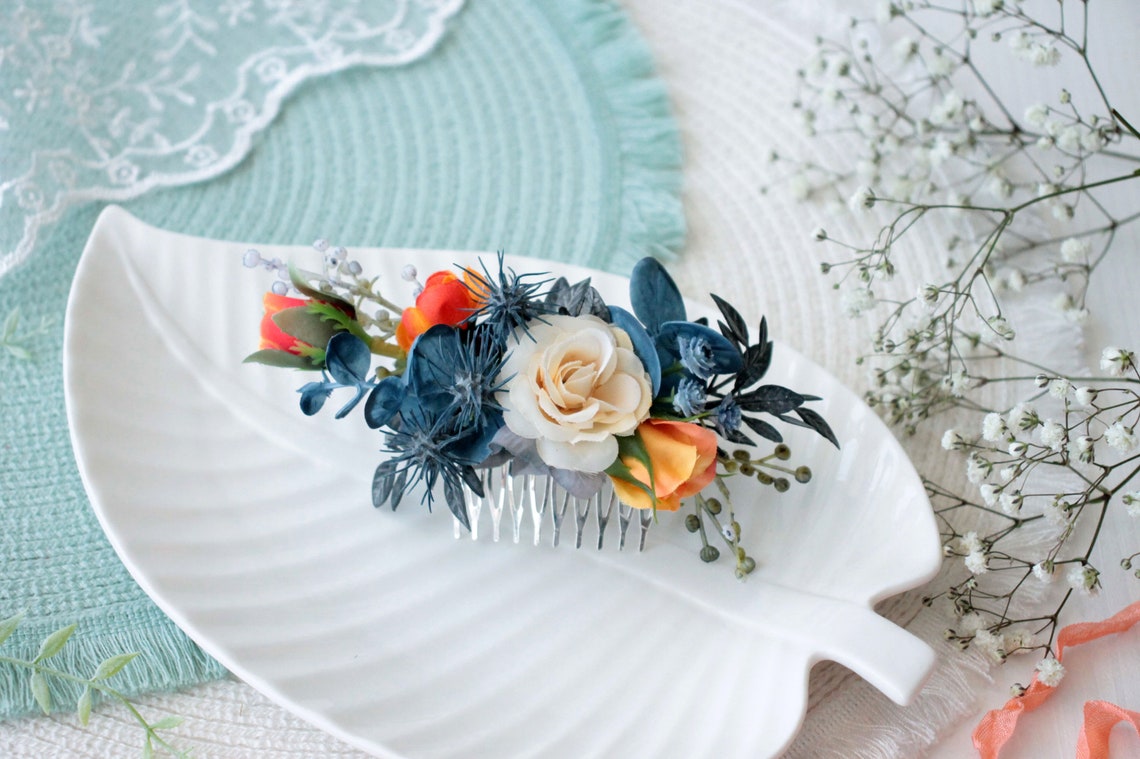 Orange blue flower combWoodland weddingWedding hair | Etsy