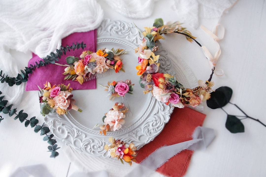 Rustic Flower Crown,bright Pink-orange Flower Crown,orange Flower Crown ...