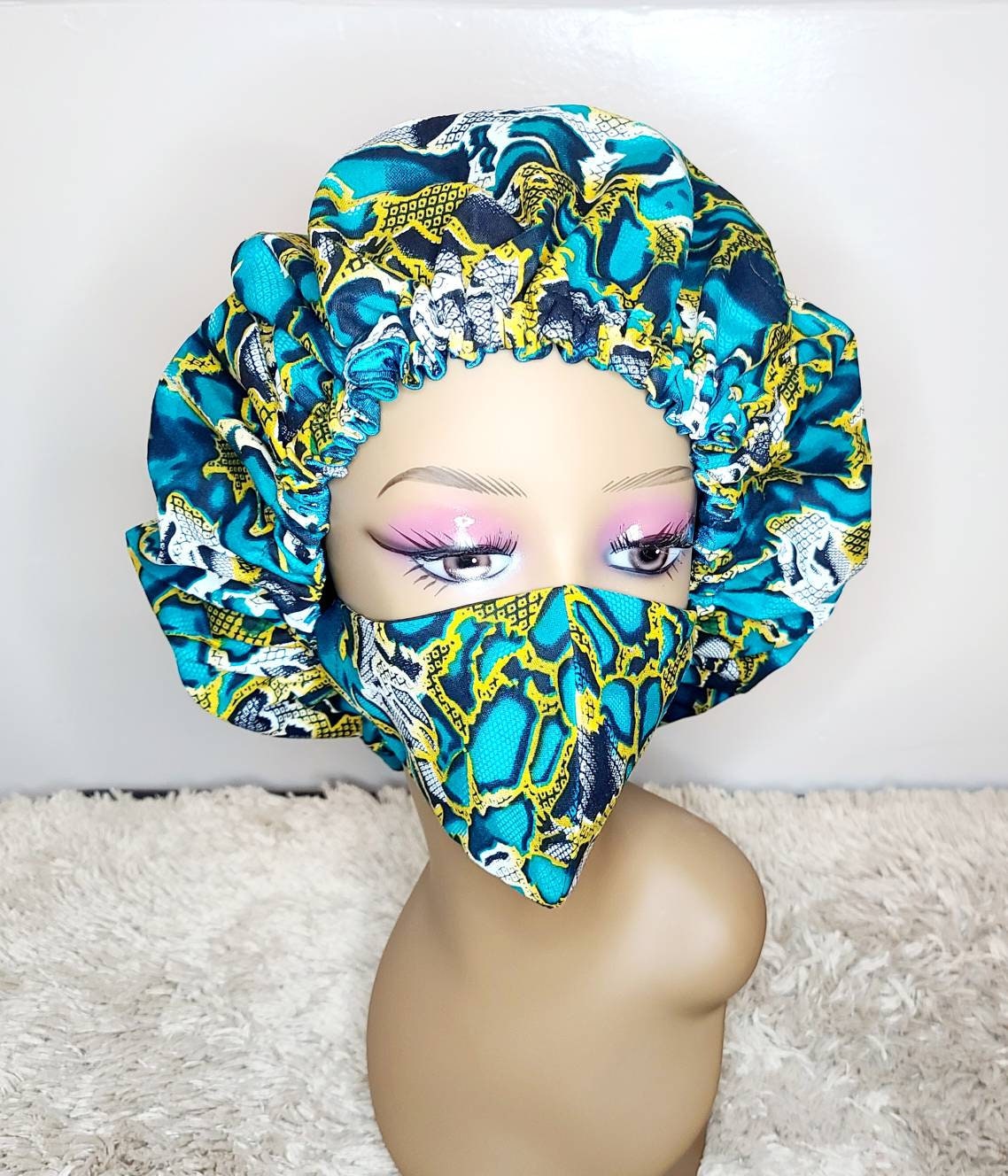 African Print Bonnet Set/teal & Gold - Etsy