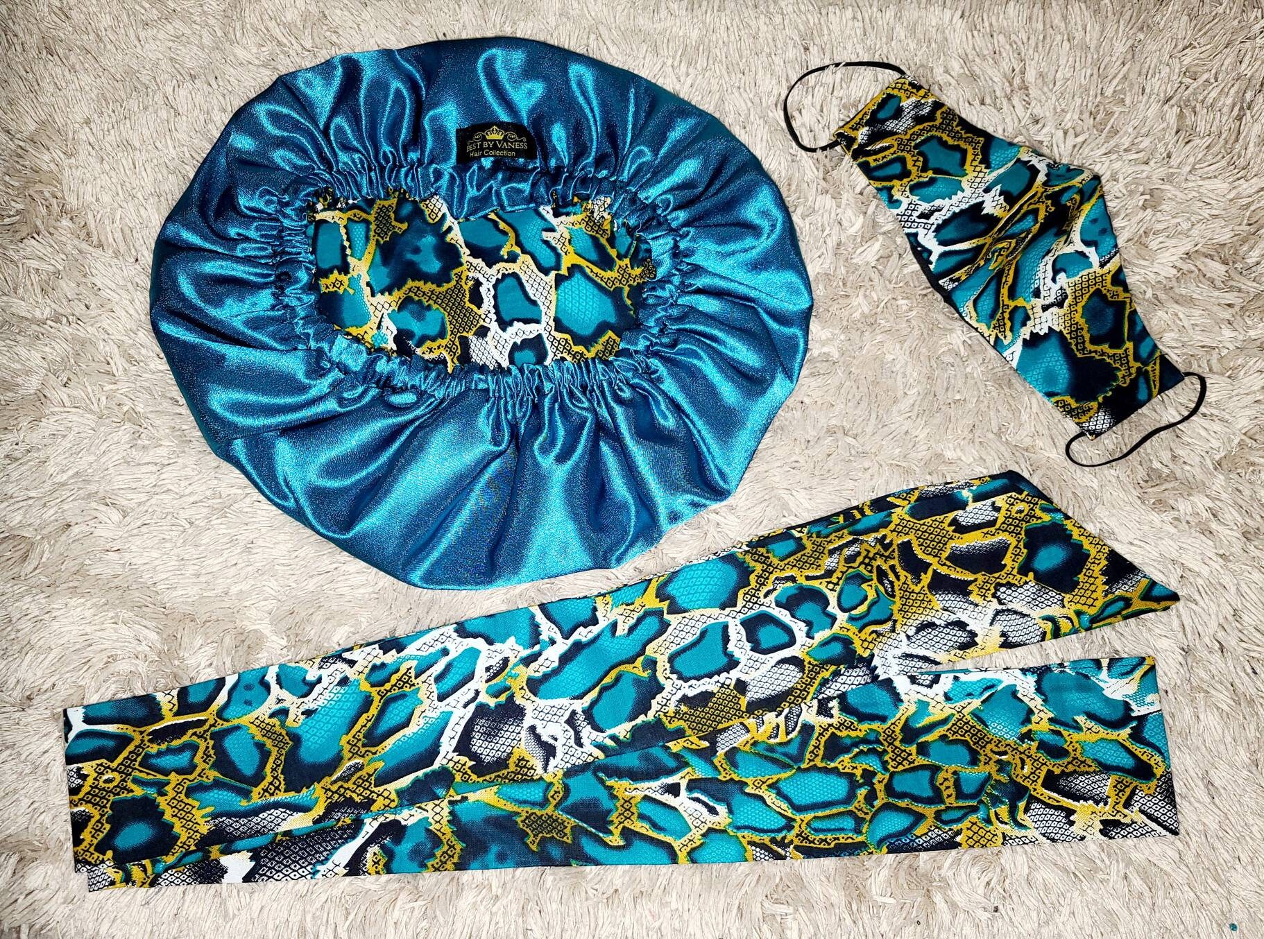 African Print Bonnet Set/teal & Gold - Etsy