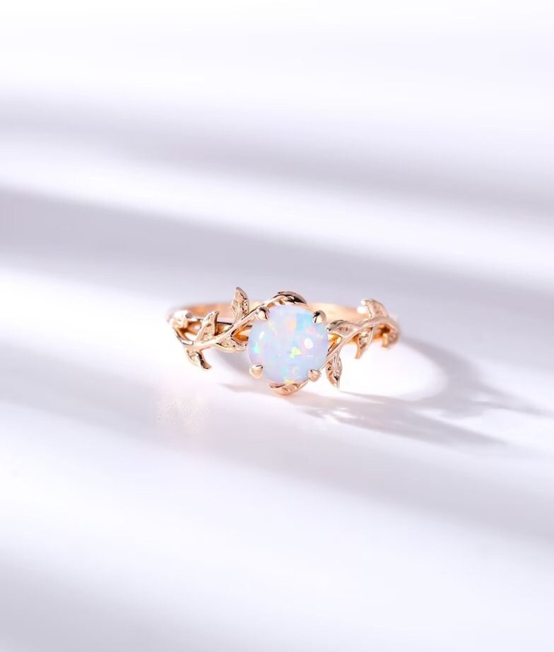 Natural Opal Engagement Ring, Leaf Flower Ring, Rose Gold Opal Ring, Art Deco Dainty Ring, Prong ...