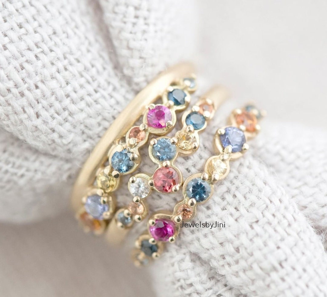 Rainbow Gemstone Ring, Natural Multi Sapphire Band, 14K Solid Gold ...