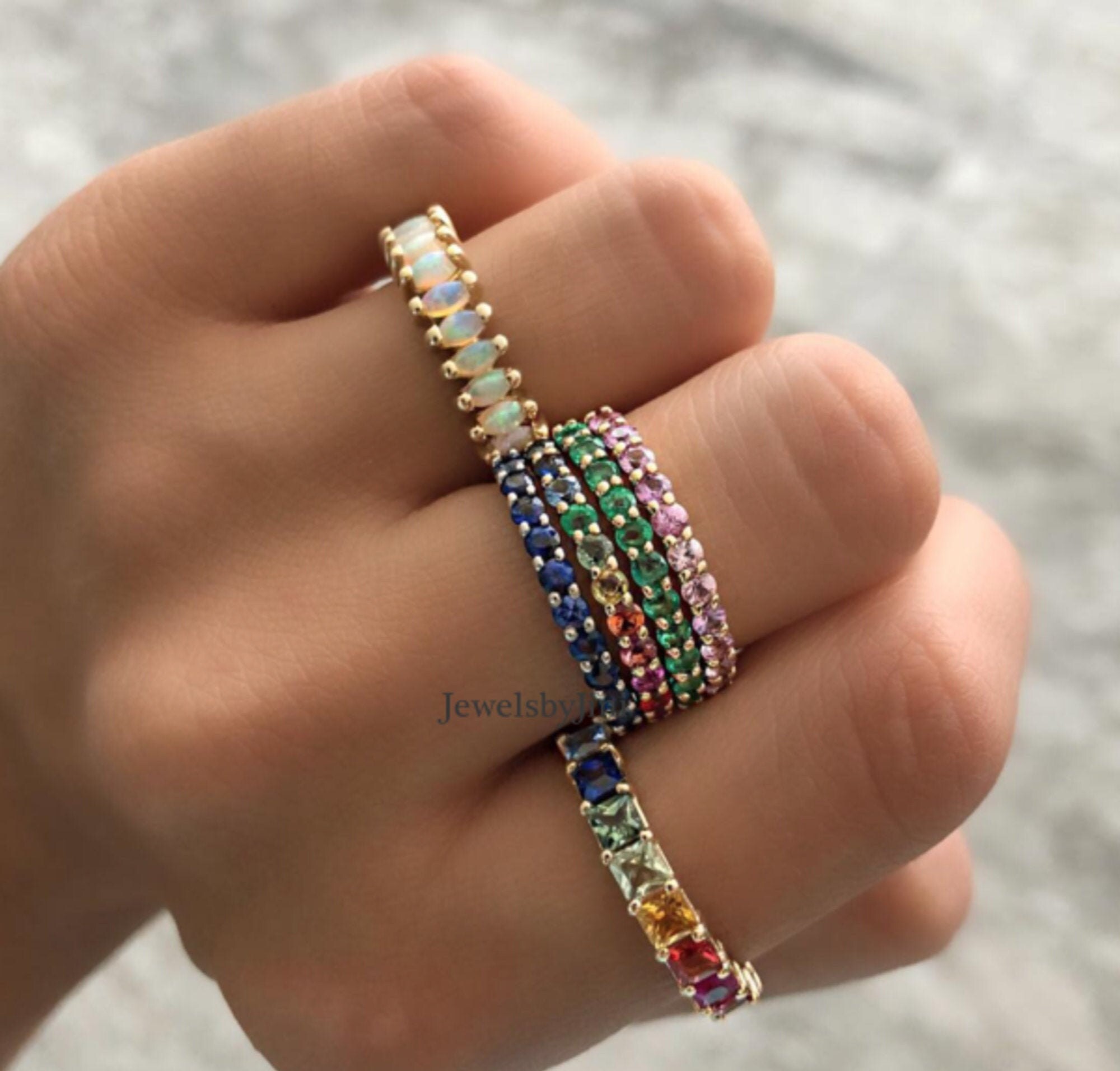 Rainbow Gemstone Ring Natural Multi Sapphire Band 14K Solid - Etsy