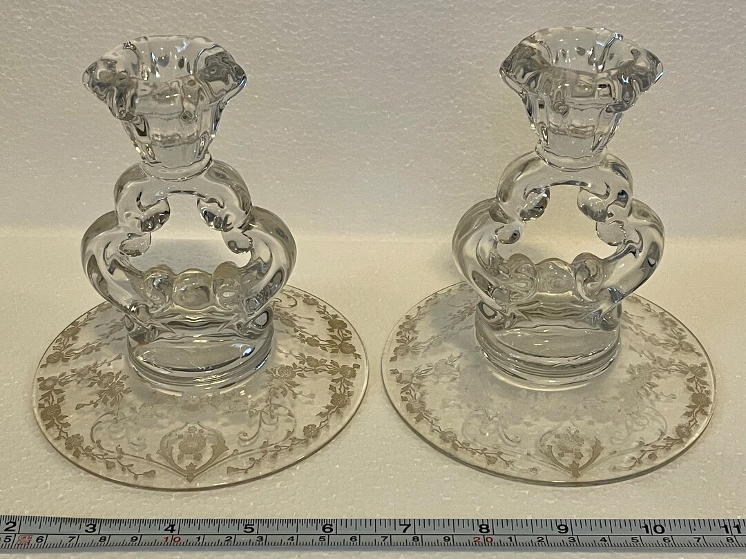 2 Vintage Cambridge Keyhole Glass Candlestick Holders Etched - Etsy
