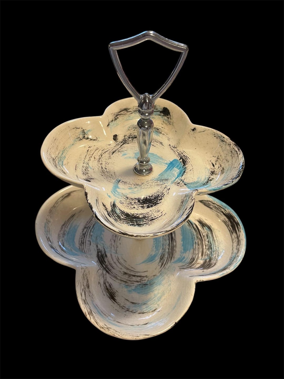 Vintage California Atomic Pottery 2 Tiered Stand MCM Black Blue White ...