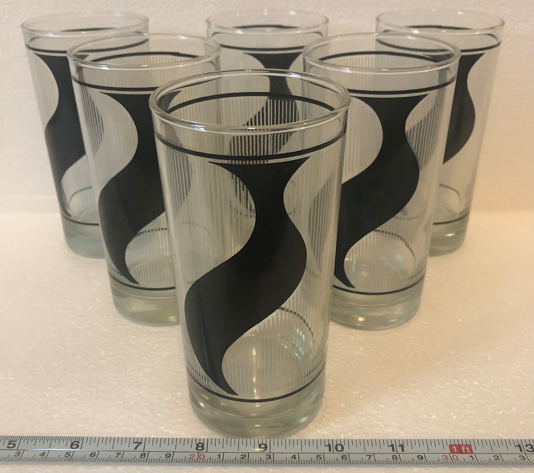6 Vintage AHC Anchor Hocking Black White Retro Glass Cups 1989 *RARE ...