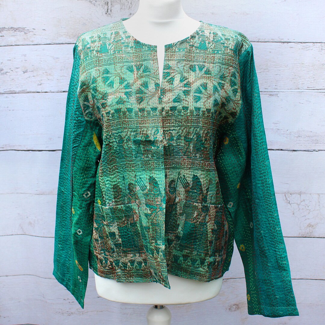 Green Kantha Silk Jacket 02, Hand Stitched Jacket, Green Print Jacket ...