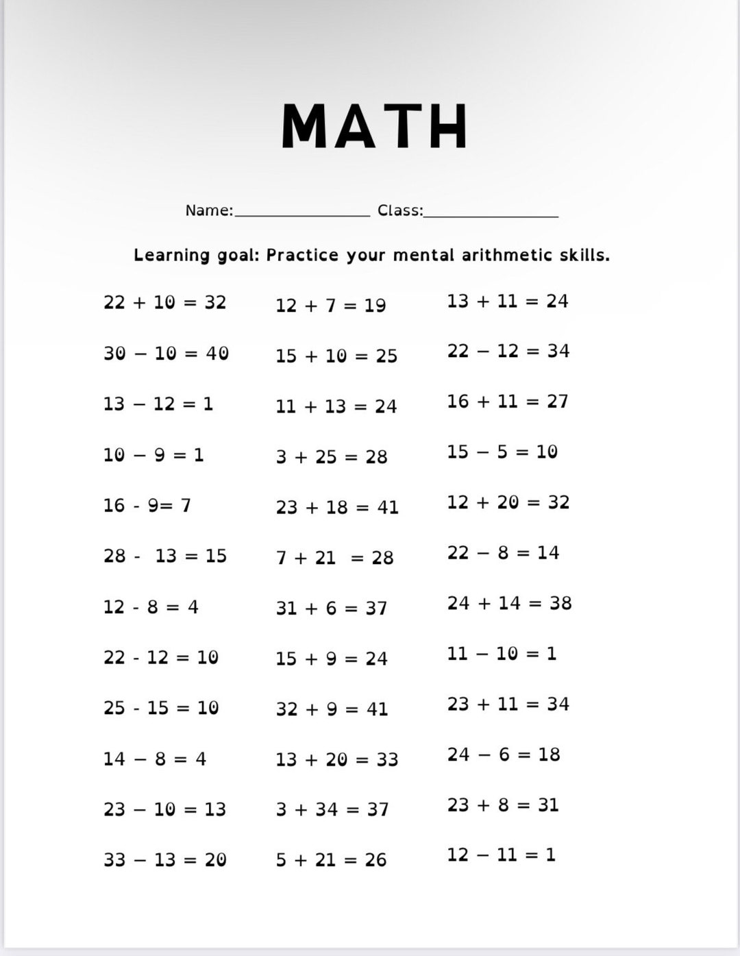 Addition and Subraction Math Sheet - Etsy