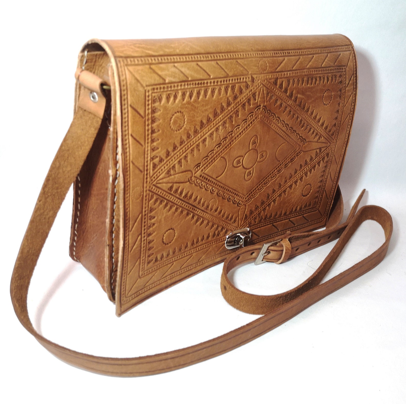 Moroccan Leather Crossbody Bag/brown Leather Crossbody Bag/hand Tooled ...