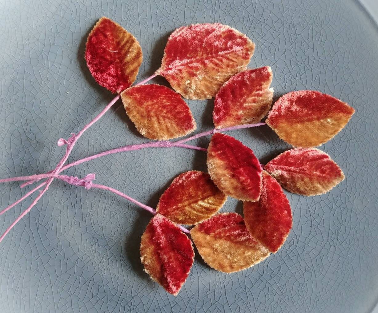 Large Sprig of Red, Burgundy, Gold Velvet Leaves, Vintage Millinery ...