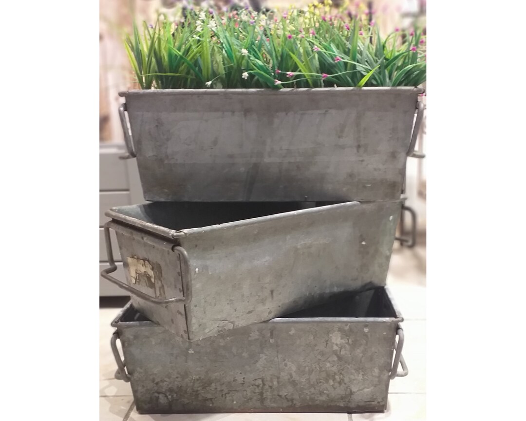 Set of 3, Industrial French Vintage Zinc Storage Bin, Trough, Planters ...