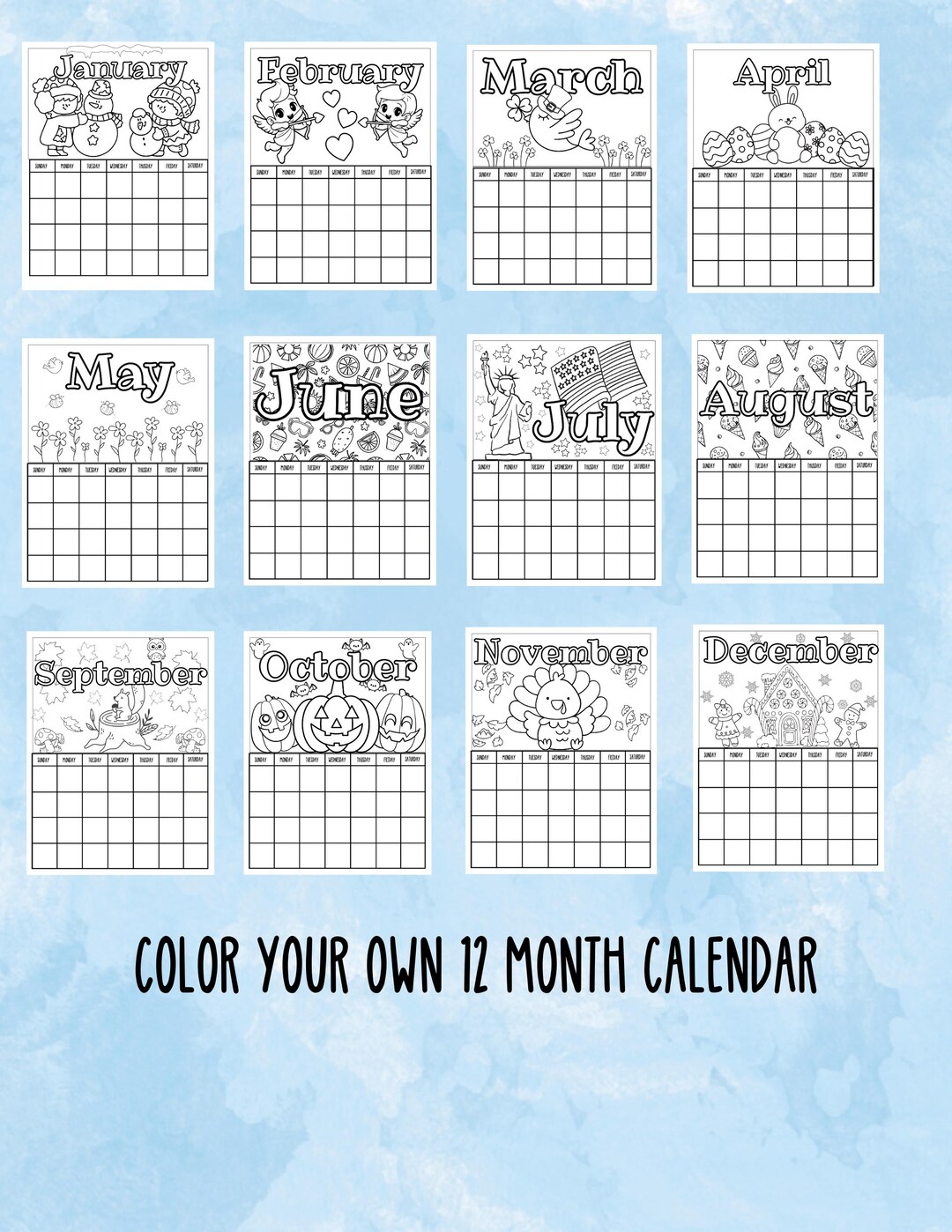 Color Your Own Monthly Calendar, 12 Month Printable Calendar, Kids of ...