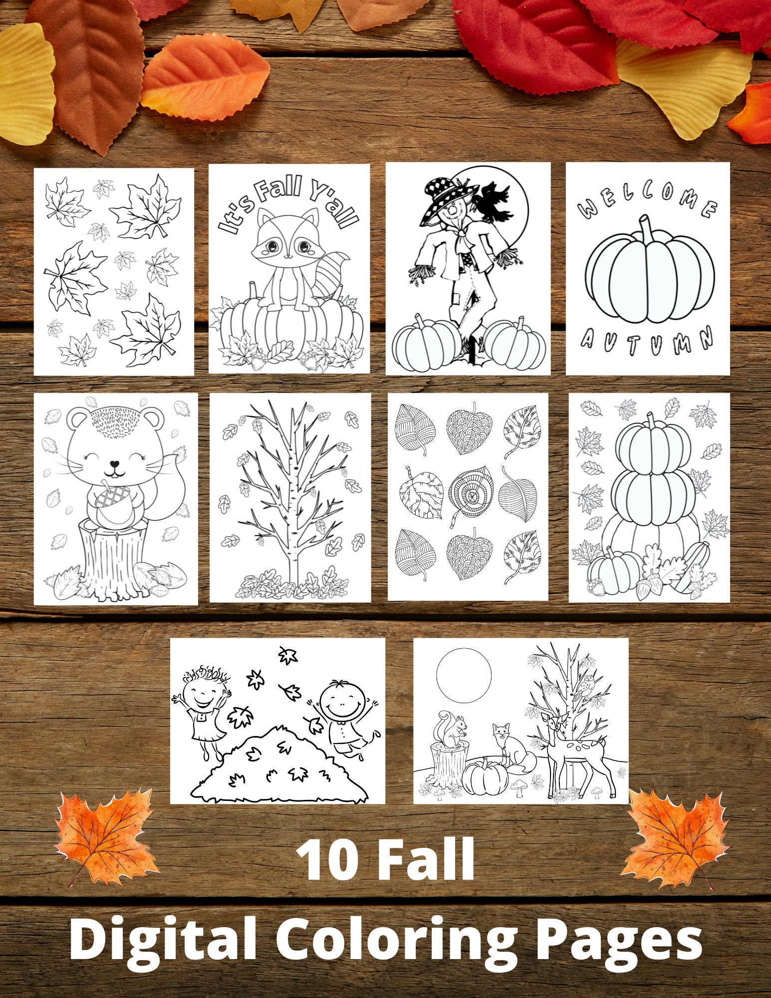 Digital Fall Coloring Pages for Kids of All Ages, 10 Printable Coloring ...