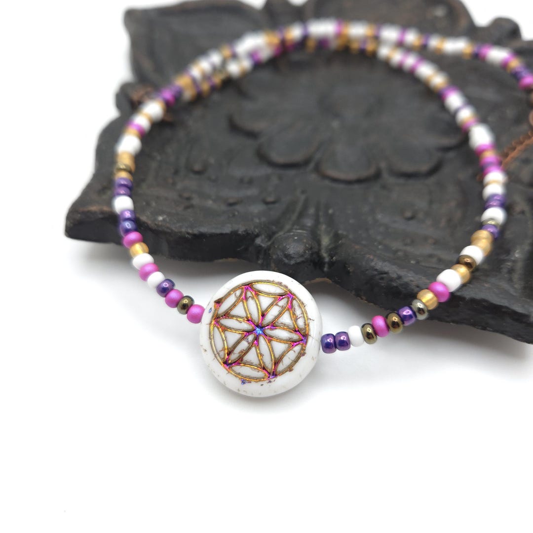 Seed Bead Choker, Czech Glass Flower of Life Bead, Sacred Geometry - Etsy