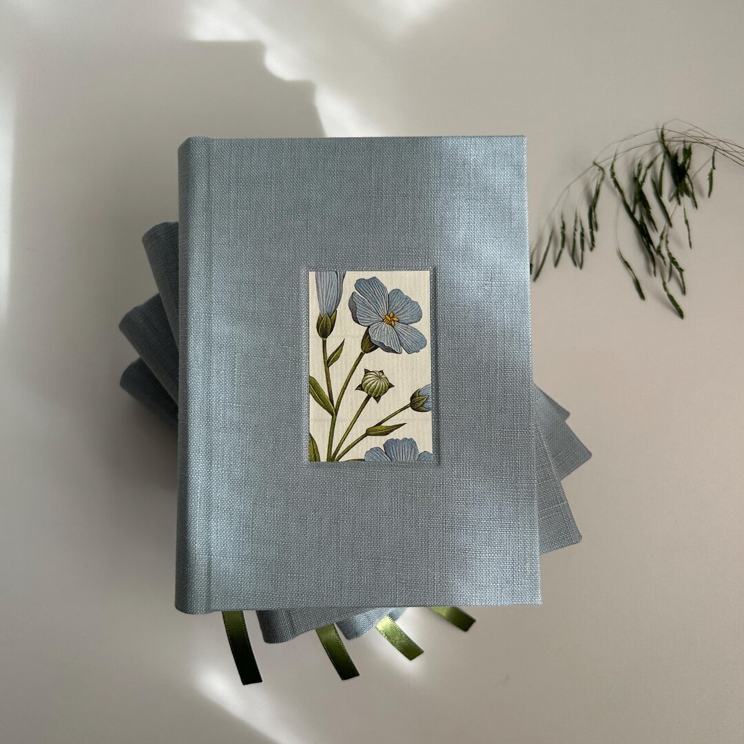 Round Spine Blue Flax Flower Journal With Small Inset, Handcrafted Gift ...
