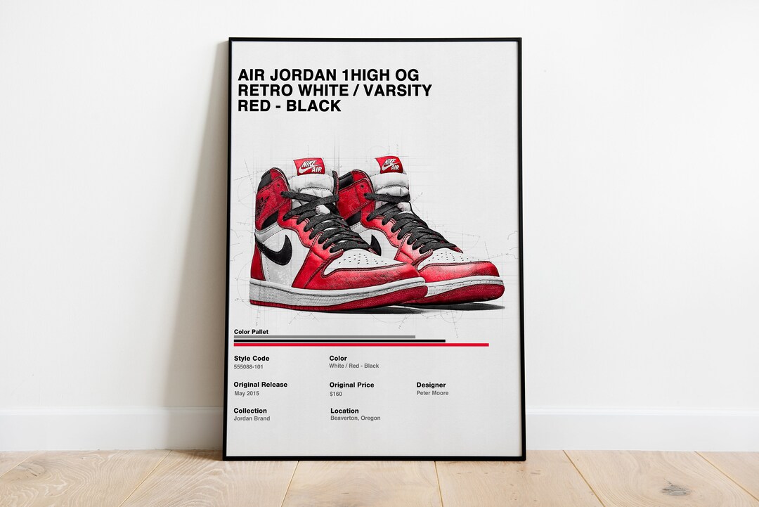 Air Jordan 1 High OG Retro White / University Red Art Poster Framed - Etsy
