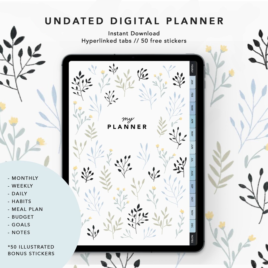 Undated Blue Floral Digital Planner Goodnotes With Hyperlinks, Digital ...
