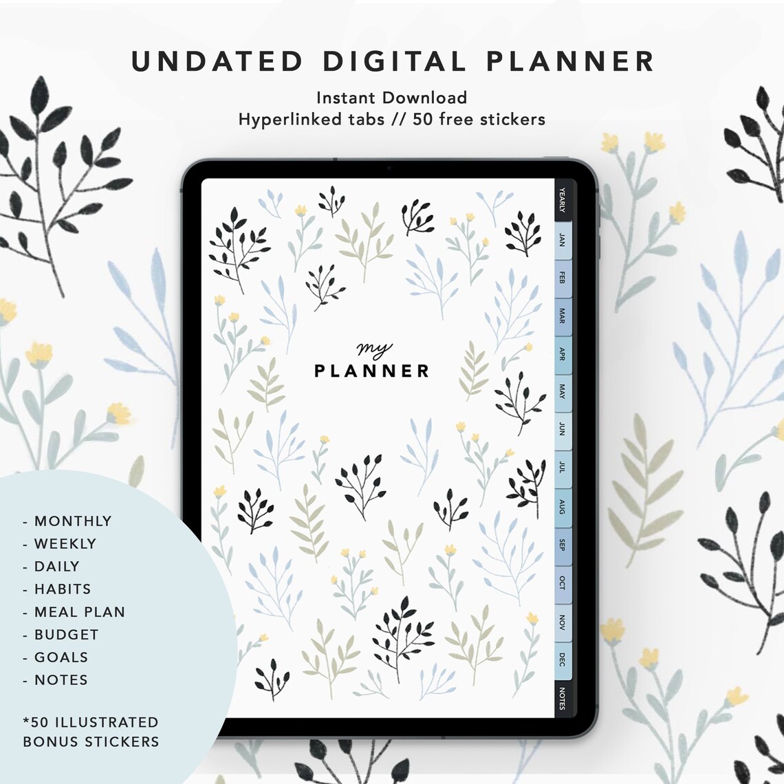 Undated Blue Floral Digital Planner Goodnotes With Hyperlinks - Etsy