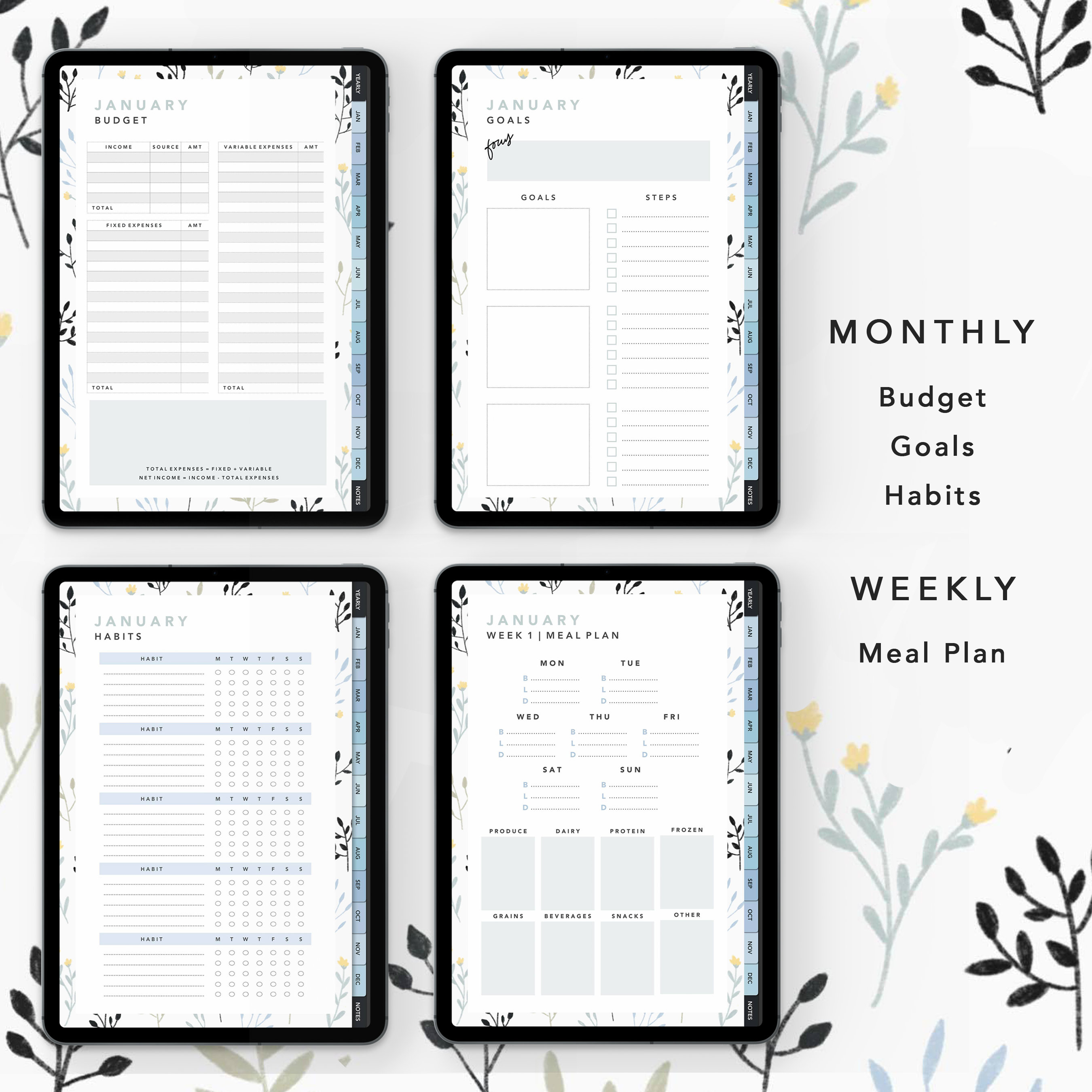 Undated Blue Floral Digital Planner Goodnotes With Hyperlinks, Digital ...