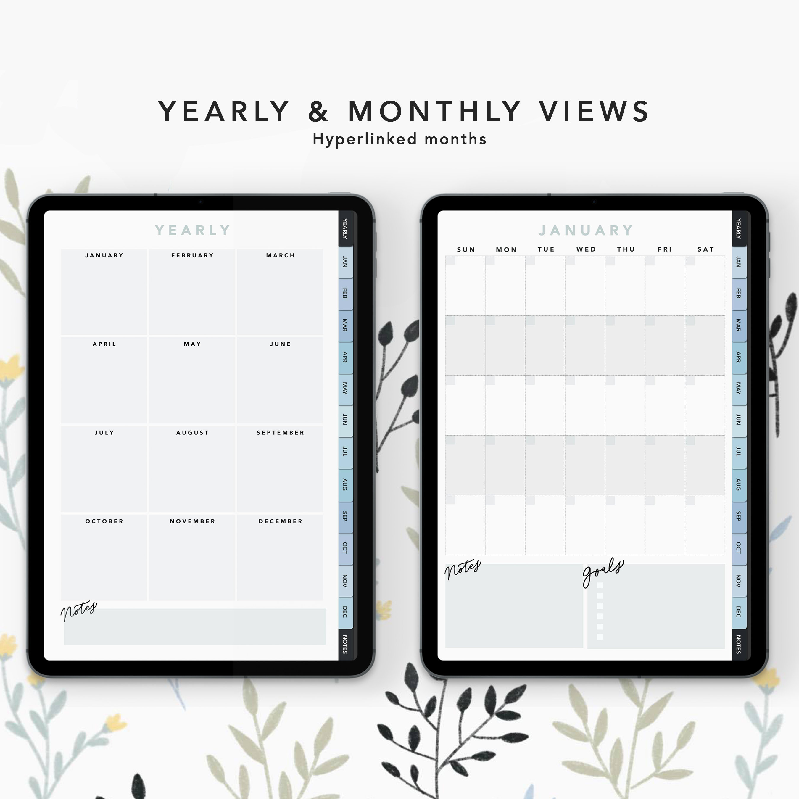 Undated Blue Floral Digital Planner Goodnotes With Hyperlinks - Etsy