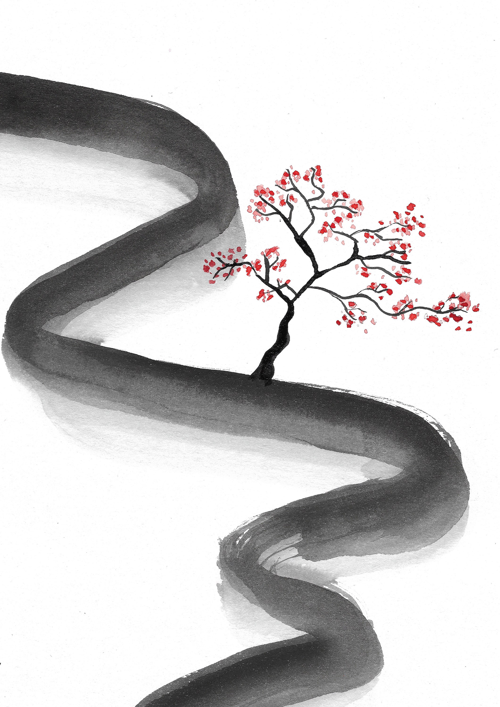 Journey - Traditional Chinese Art Print - Chinese Ink, Cherry Blossom ...