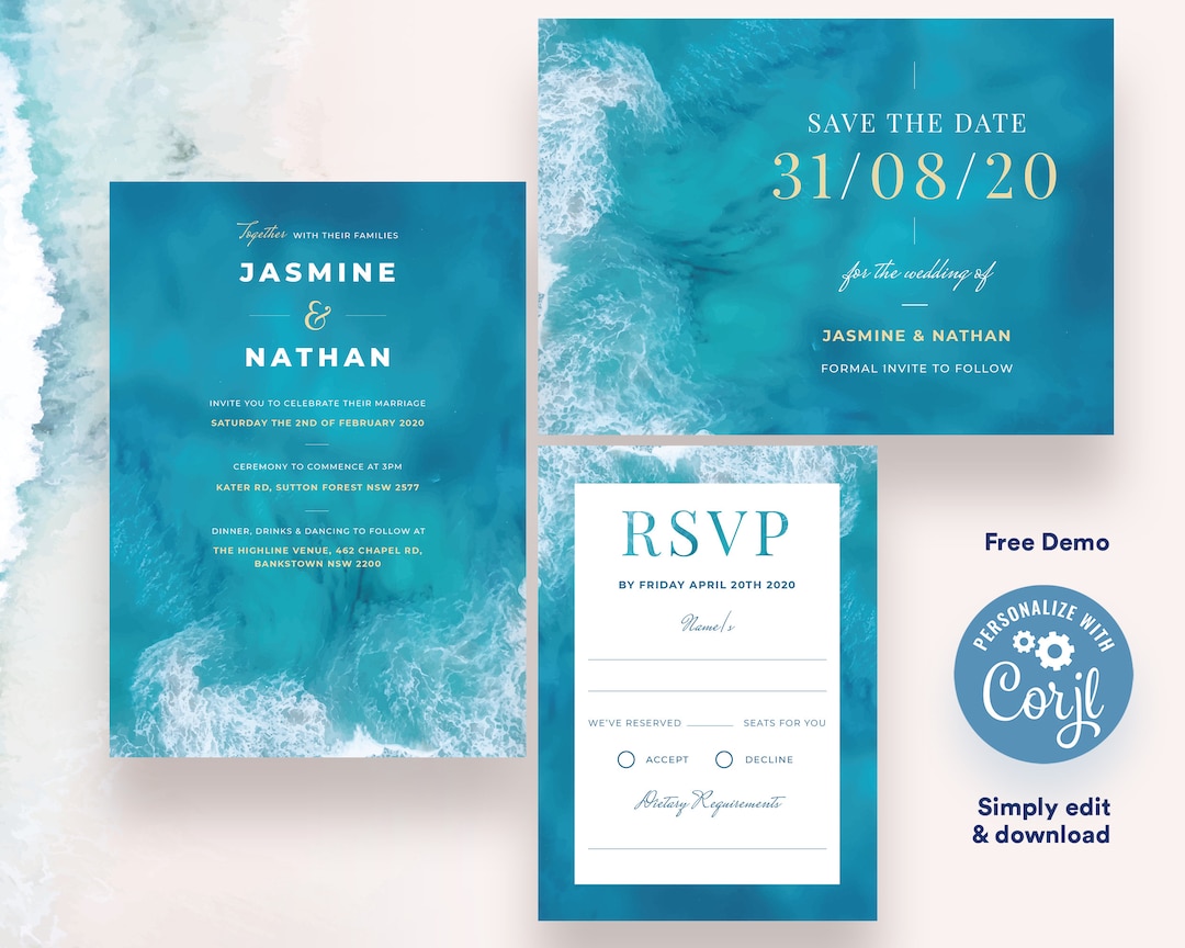 Beach & Ocean Themed Wedding Invitation Set Editable - Etsy