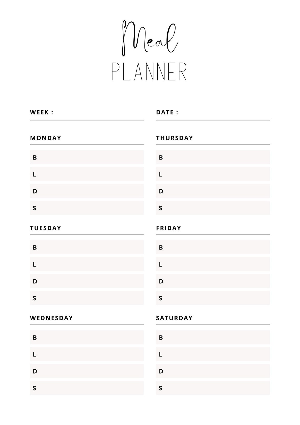 Weekly Meal Planner Digital Download Breakfast Lunch Dinner Snack Meal ...