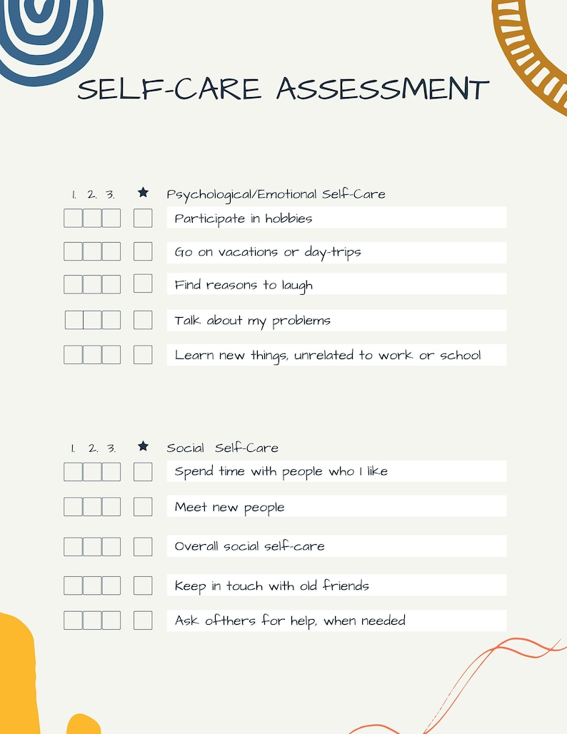 Self Care Assessment Check List Selfcare Tracker Wellness Mindfulness ...