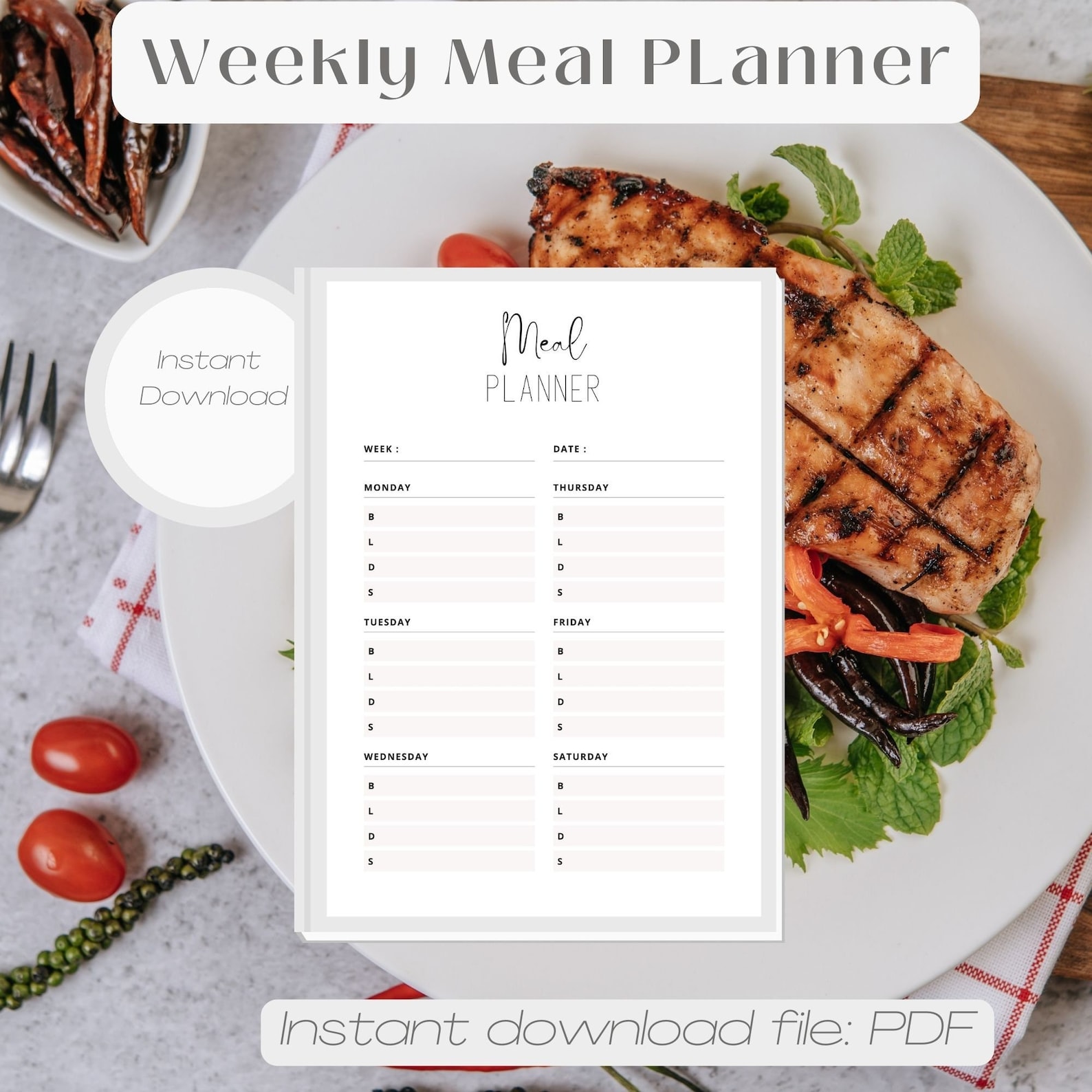 Weekly Meal Planner Digital Download Breakfast Lunch Dinner Snack Meal ...